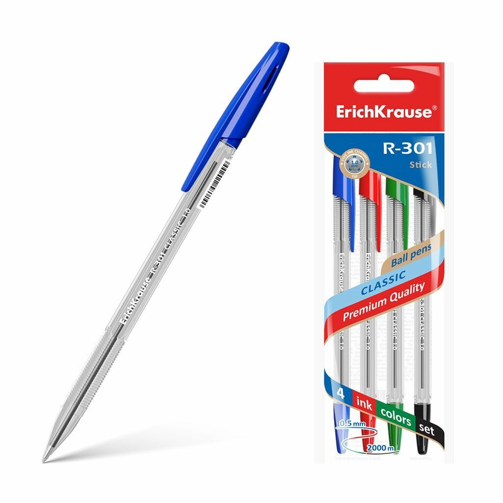 Набор из 4 ручек шариковых ErichKrause R-301 Stick Classic 1.0, цвет чернил: синий, черный, красный, зеленый (в пакете)