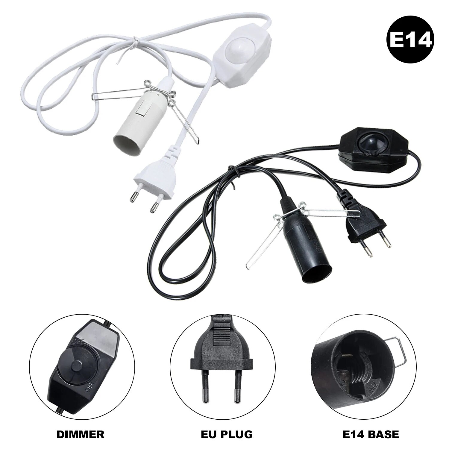GANRILAND кабель для лампы 1,8 м черный белый с выключателем и диммером E14 dimmale cable, White