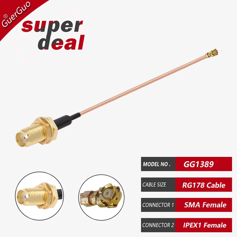 RG178/1,13 мм кабель SMA «мама» с косичкой RP SMA «мама» на U.FL MHF «мама» GuerGuo 5CM, SMA F to IPEX1 F
