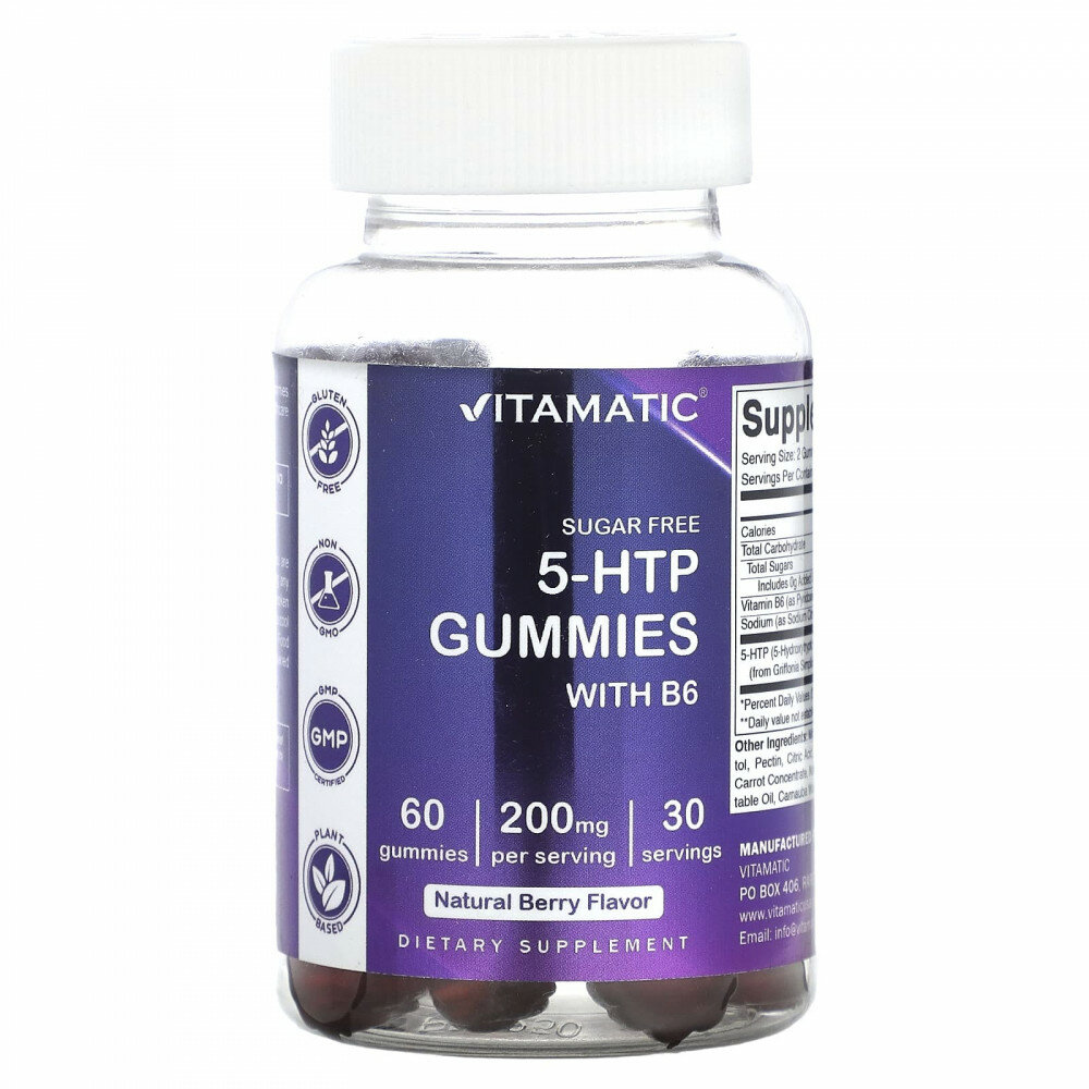 Vitamatic, 5-HTP, жевательные таблетки с витамином B6, со вкусом натуральных ягод, 60 жевательных таблеток