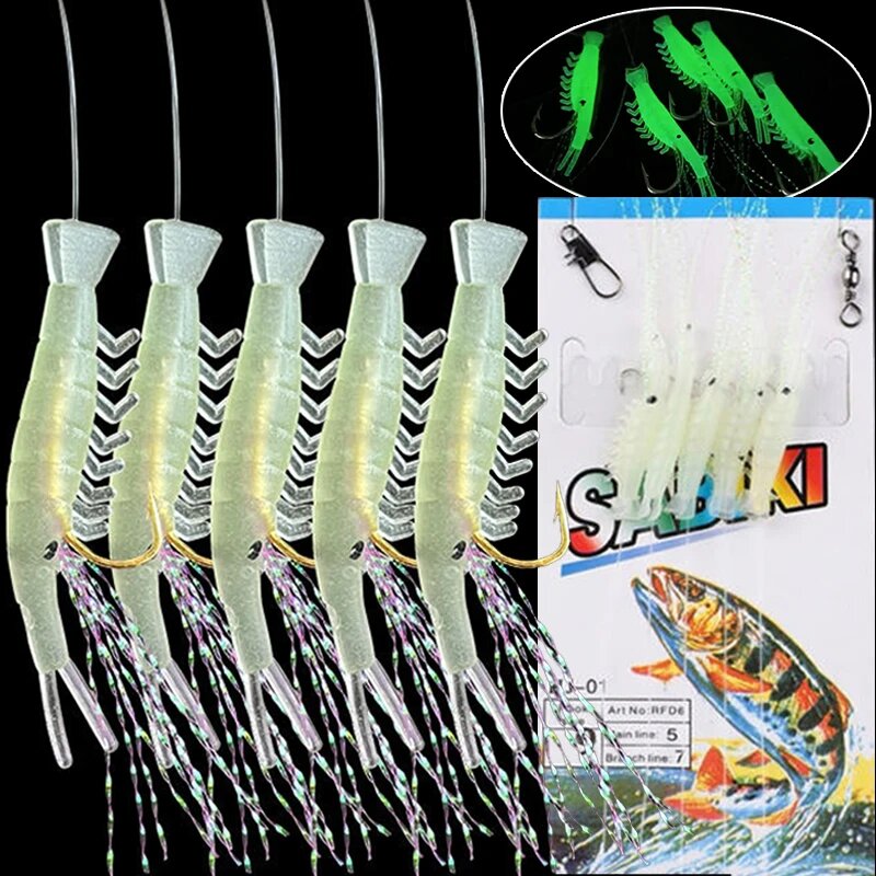 5 шт. светящийся мягкий рыболовный крючок для креветок, приманка, имитация рыбьей кожи, веревочный крючок, скумбрия, колючий крючок, окунь, трески, приманки, морская рыбалка