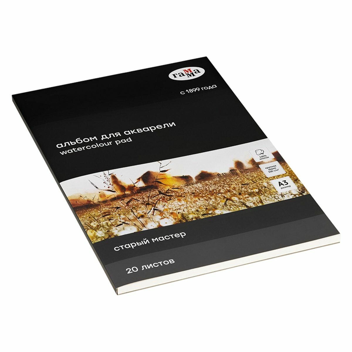Альбом для акварели А3, 20л Гамма "Старый Мастер" (300 г/кв. м, крупное зерно, 100% хлопок, склейка с 4-х сторон) (215538AGRC)