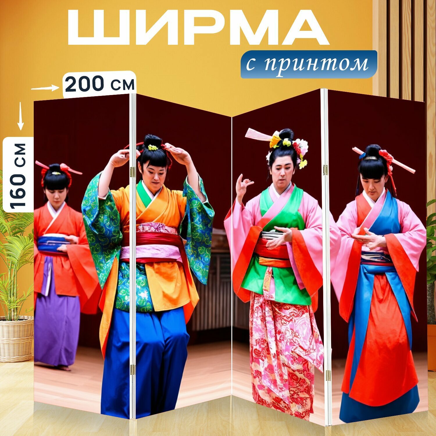 Ширма "Япония, показывающие сцены традиционного японского театра с актерами в ярких костюмах, выполненные в технике" перегородка для зонирования комнаты с принтом 200x160 см. на холсте