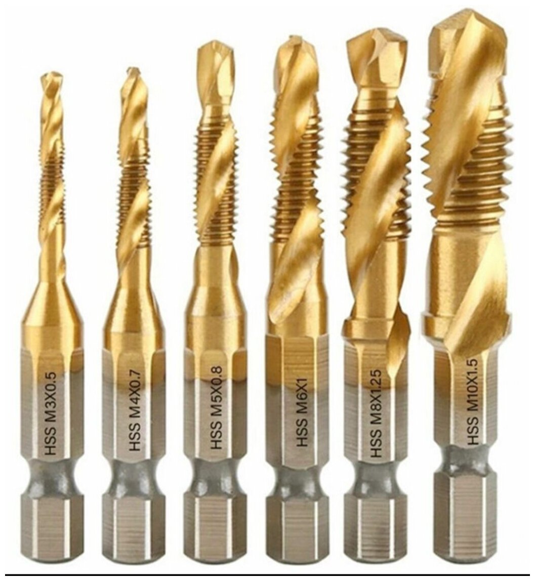 Сверло-метчики по металлу с титановым покрытием MAT-GROUP, набор из 6 штук