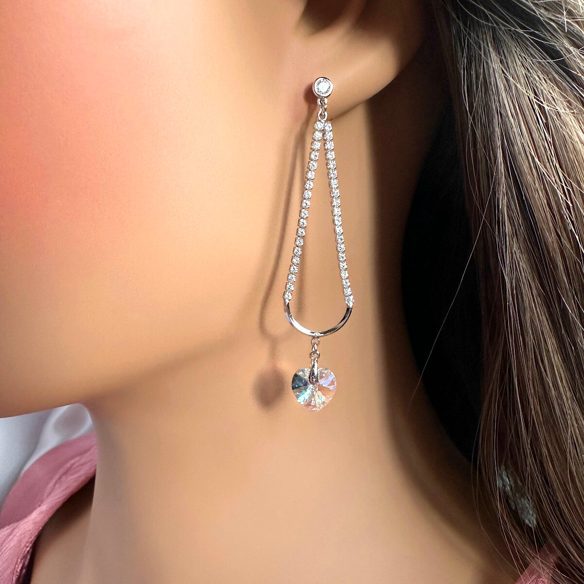 Серьги цепочки, с подвесками, циркон, кристаллы Swarovski