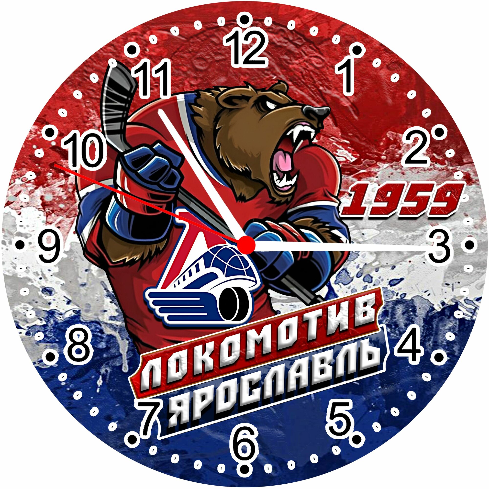 Часы ХК Локомотив Ярославль хоккейный клуб из древесины прессованной (МДФ) D-27 см - 5 мм, Настенные и Настольные с подставкой в комплекте , Уникальные, Коллекционные бесшумные