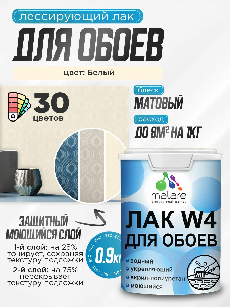 Лак колерованный тонирующий для защиты обоев Malare W4 универсальный для дерева и минеральных поверхностей, водный без запаха быстросохнущий, матовый, белый, 0.9 кг.