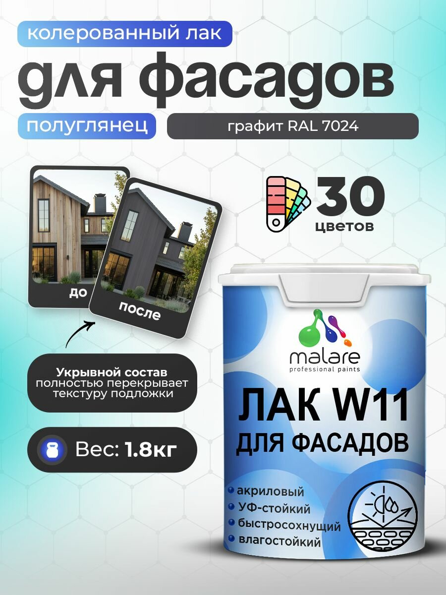 Лак колерованный укрывной фасадный Malare W11 для защиты фасадов зданий, для дерева, камня и кирпича, быстросохнущий влагостойкий экологичный, полуглянцевый RAL 7024 графит, 1.8 кг.