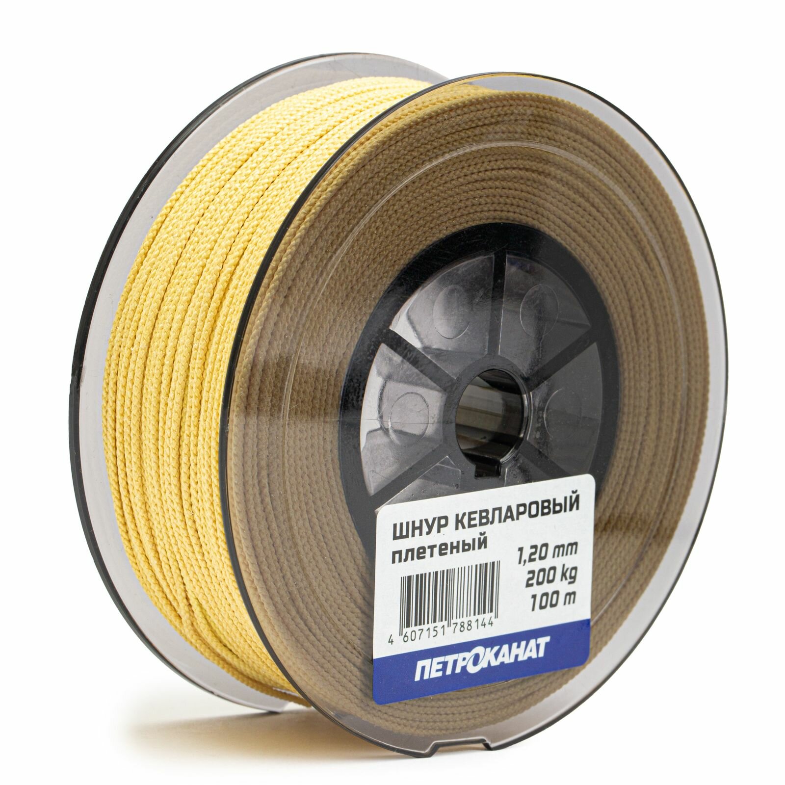 Плетеный шнур кевларовый Х8, толщина 1.20 мм, тест 200 кг, длина 100 м, желтый