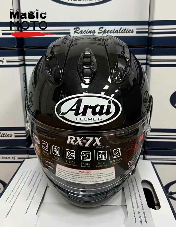 Полнолицевой мотошлем Arai RX7X GLASS BLACK — интеграл с прозрачным визором, FRP, сертификация DOT ECE, размеры M‑XL