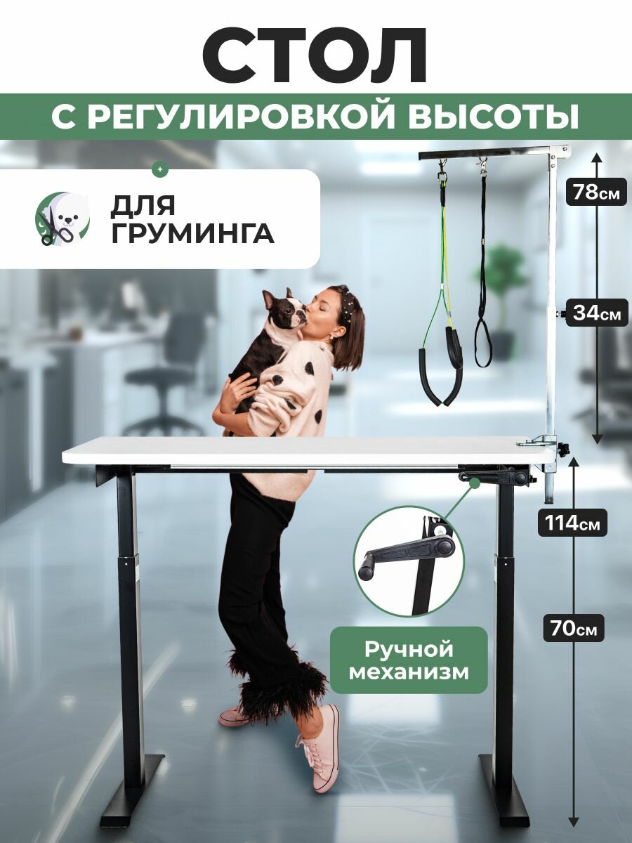 Стол для груминга LuxAlto с механической регулировкой, столешница ЛДСП 120x60 см, Г-образный кронштейн , цвет Белый