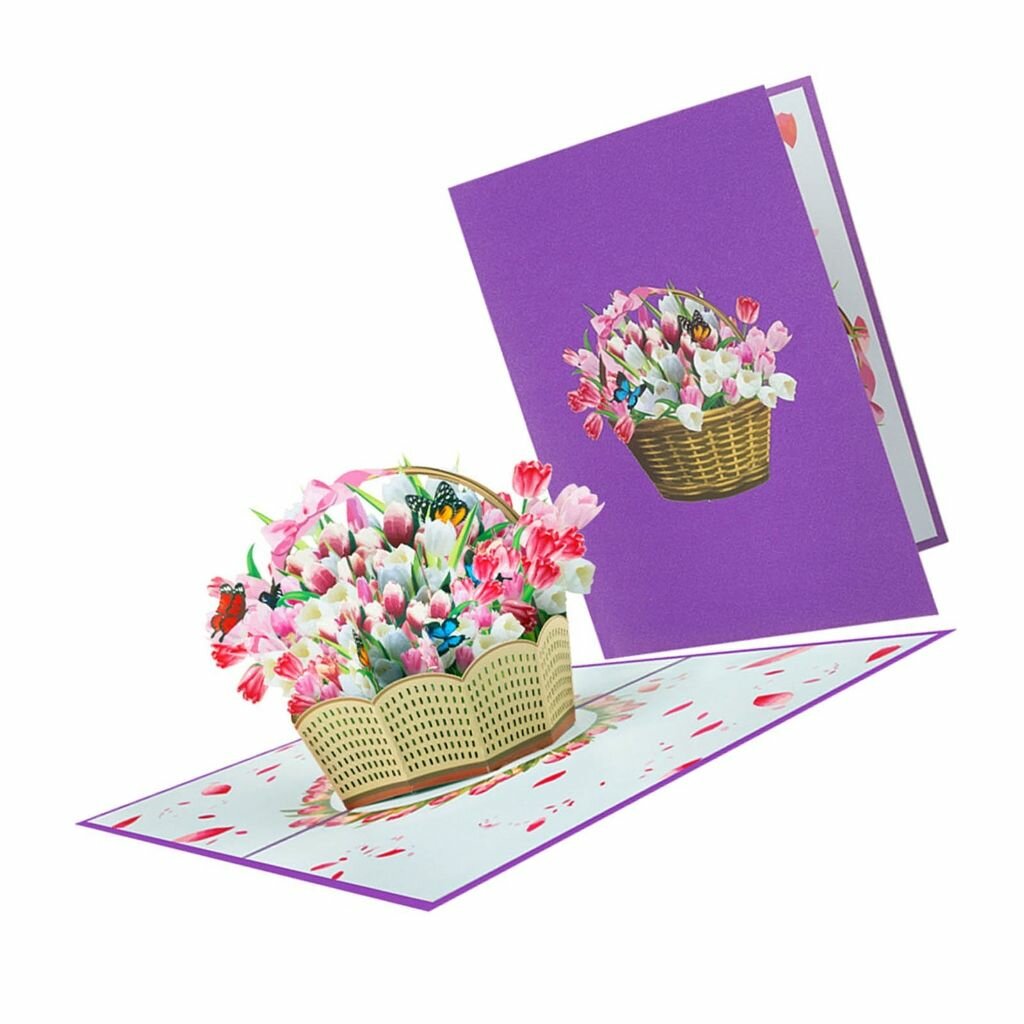 3D-открытка Цветочная корзина розово-белая корзина тюльпанов C