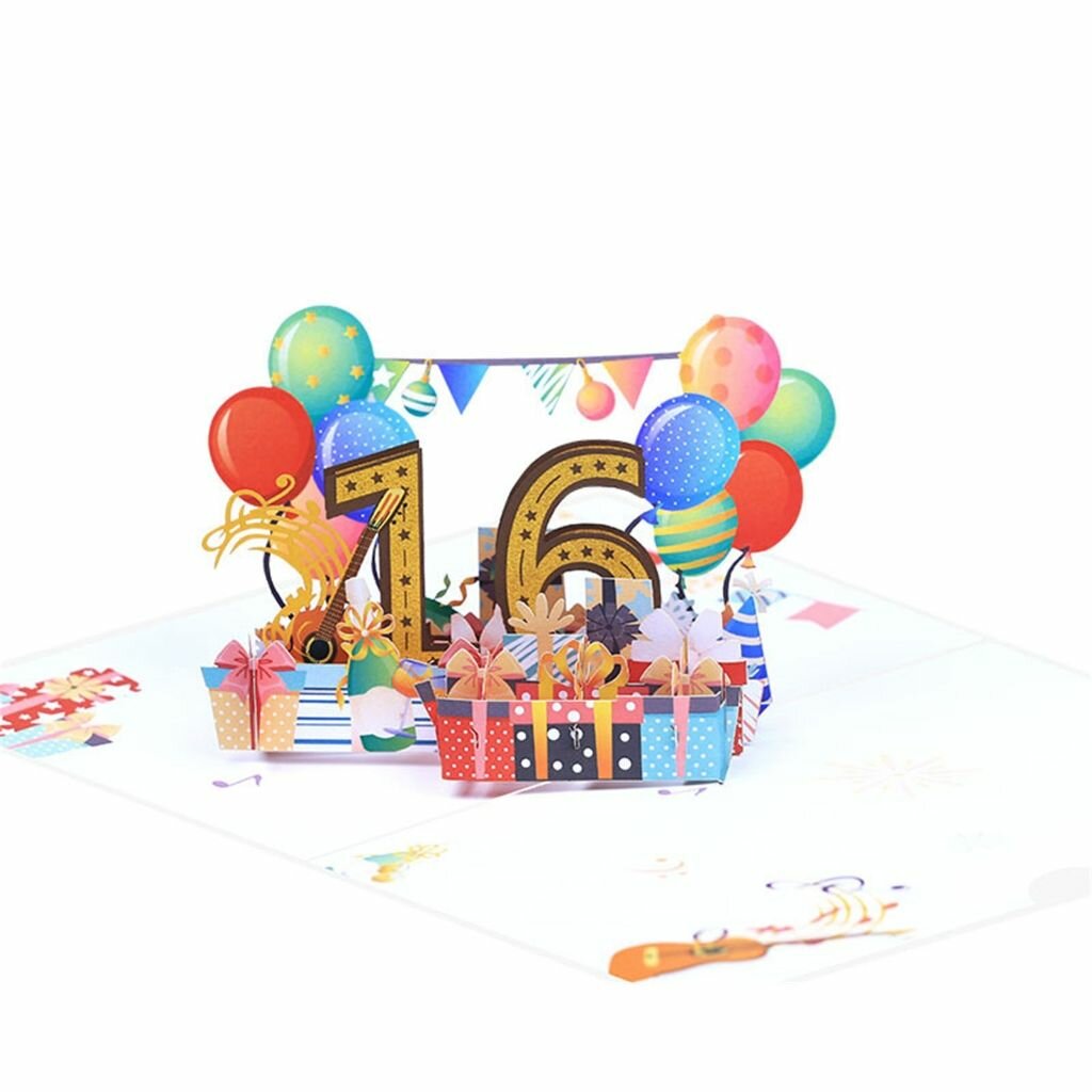 Приглашение, Винтажная поп-ап 3D открытка на день рождения - цифра 16, 1 набор