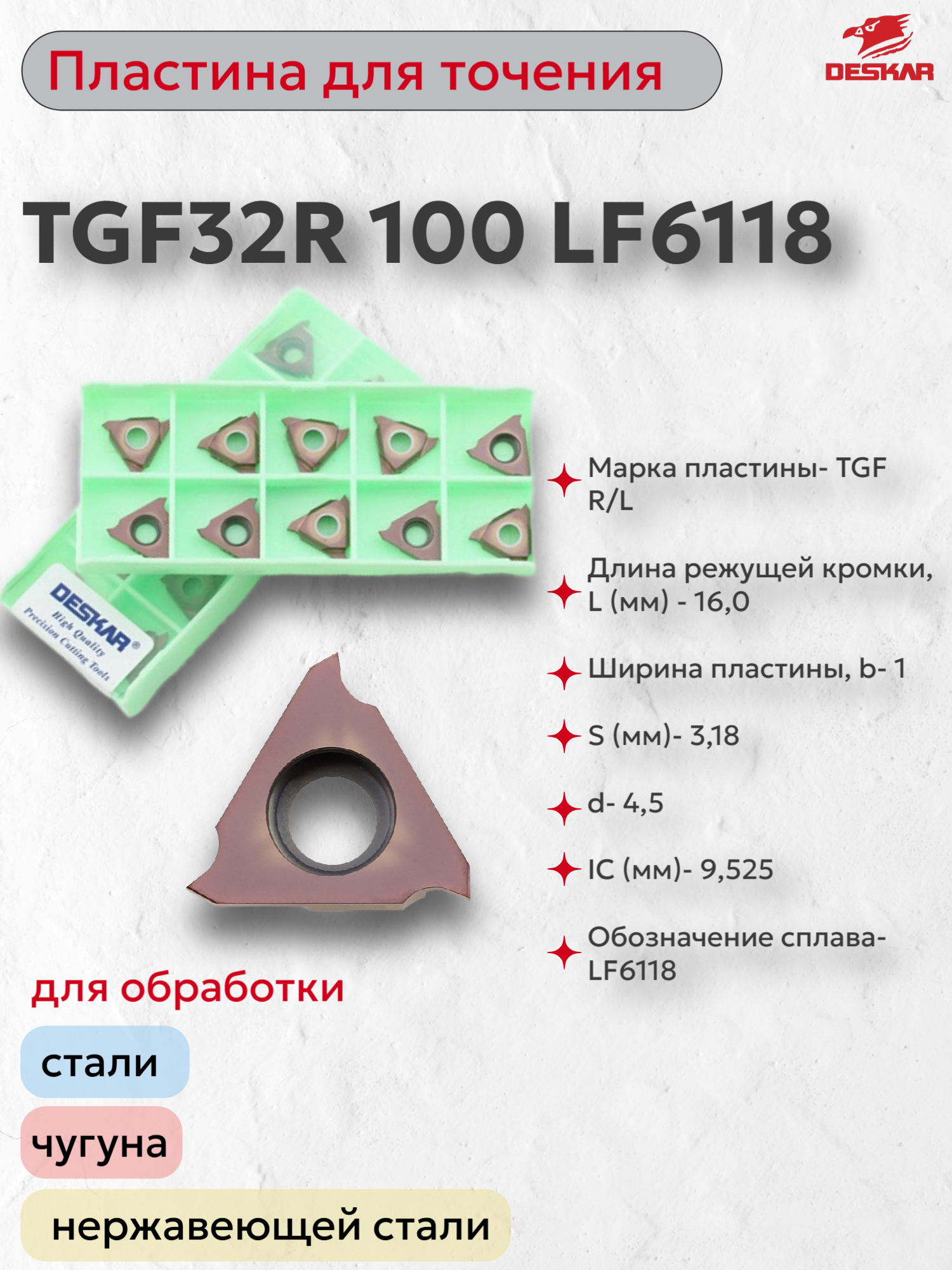 TGF32R 100 LF6118 пластина для отрезки и точения канавок (1 шт.) DESKAR 00-00036166