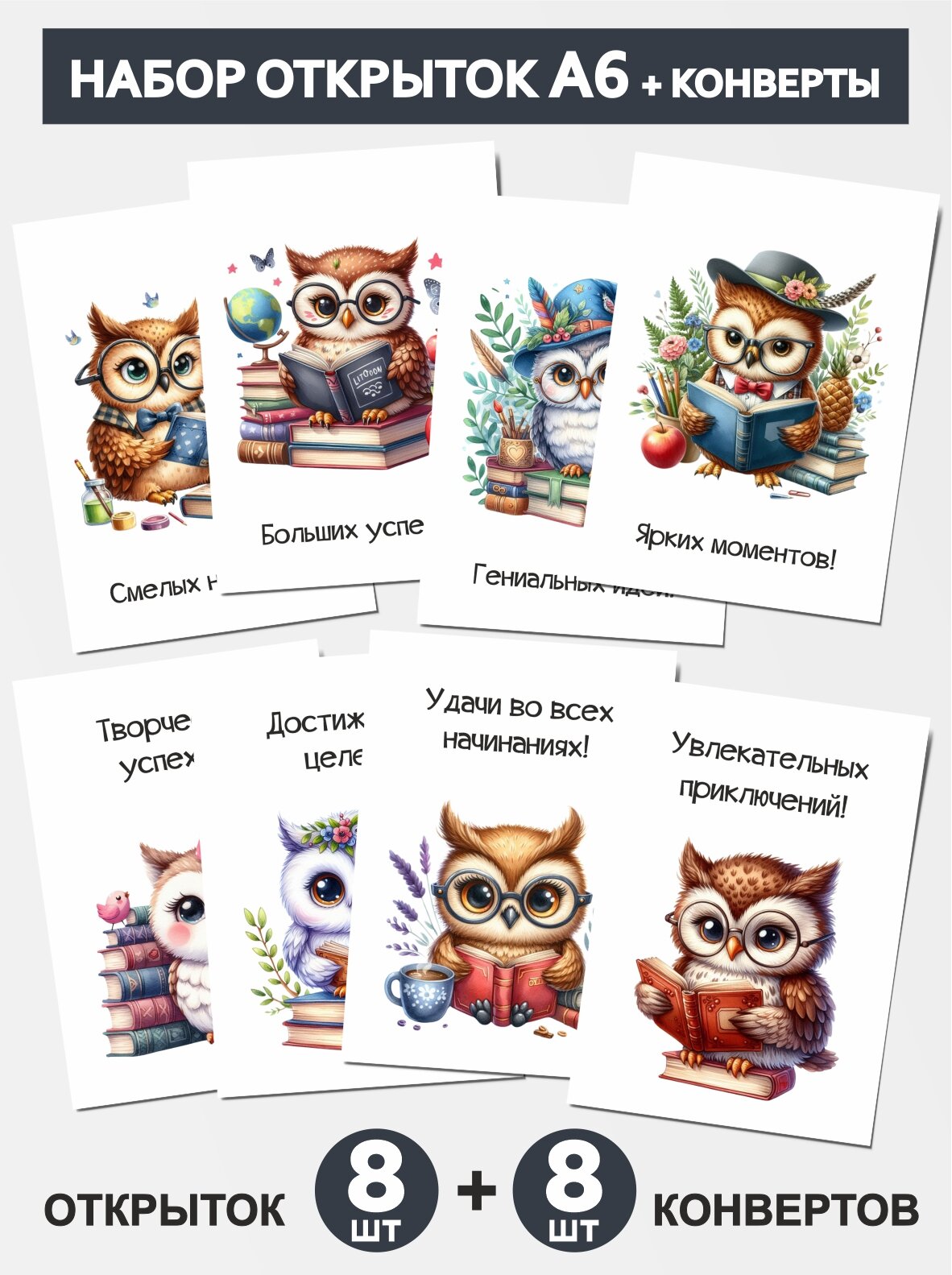 Набор школьных почтовых открыток А6 - 8 шт и крафт-конверт С6 - 8 шт, для подарков выпускнику, ученикам на 1 сентября и День Рождения, Школьная сова #010 - №1, postcard_8_school_owls_#010_А6_set_1