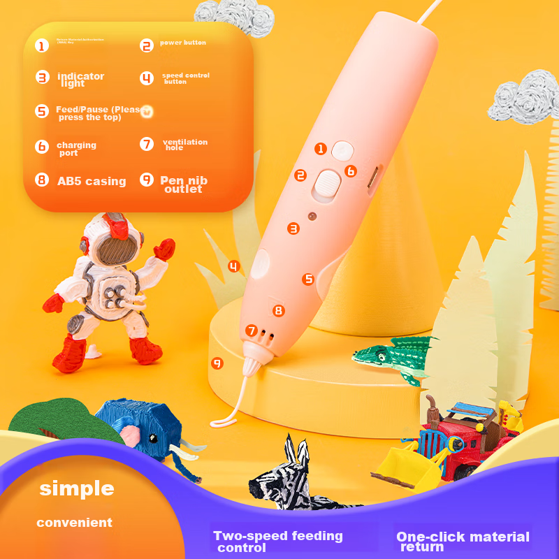 Deli 3D Printing Pen, Wireless Low-Temperature Drawing Pen, Smart Enlightenment Toy, Doodle Pen, Handmade DIY Kit, Children's Birthday And Back-To Gift for Girls (With 5 Colors of Consumables), Pink