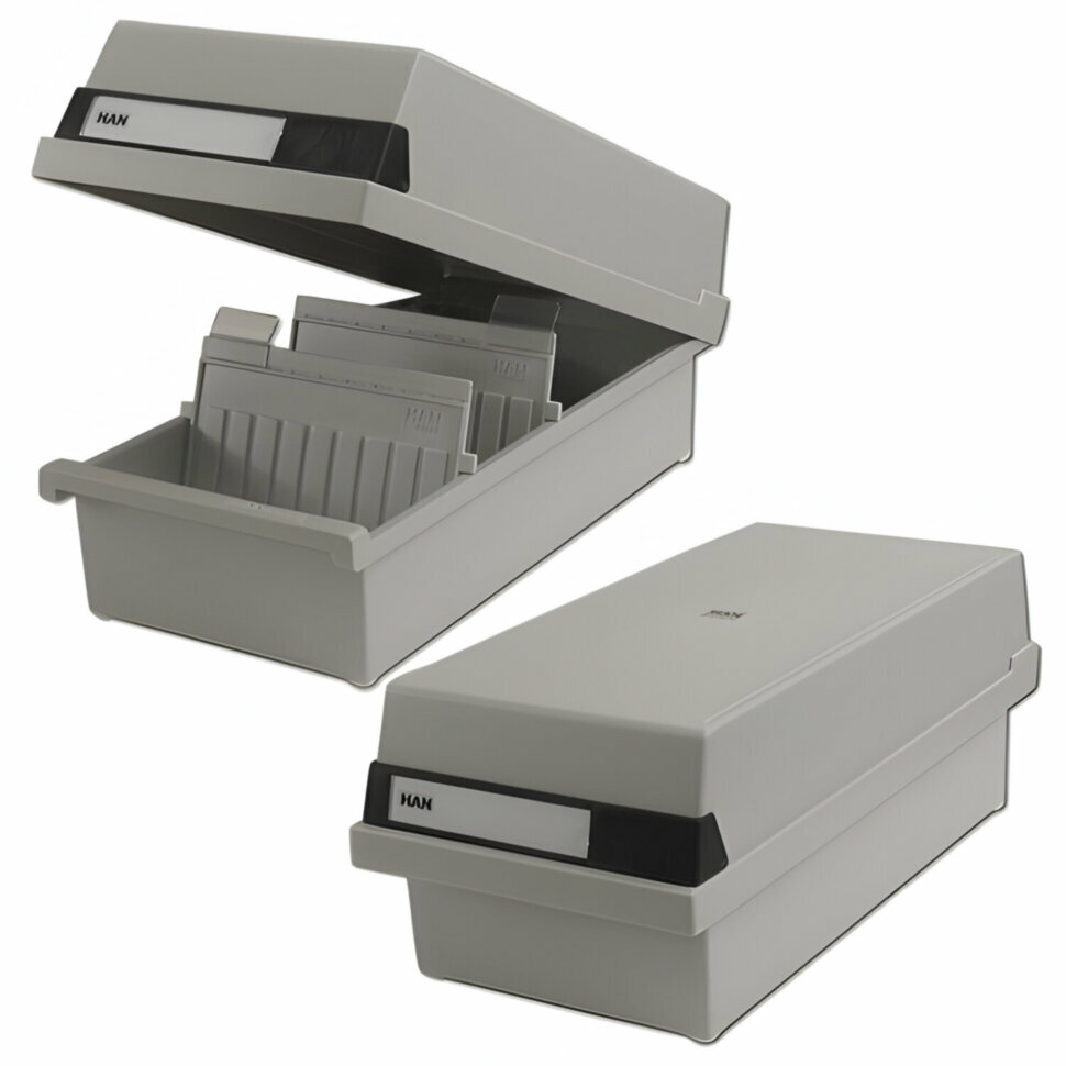 Картотека пластиковая формат А6 (148х105 мм) горизонтальная на 1300 карт, с крышкой, серая, HAN (Германия), НА956/11, 231268