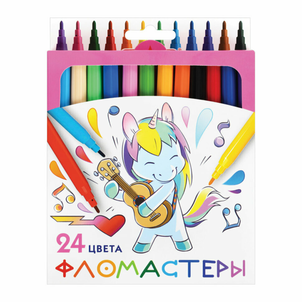 Фломастеры пифагор "единорог", 24 цвета, вентилируемый колпачок, 152450, 152450
