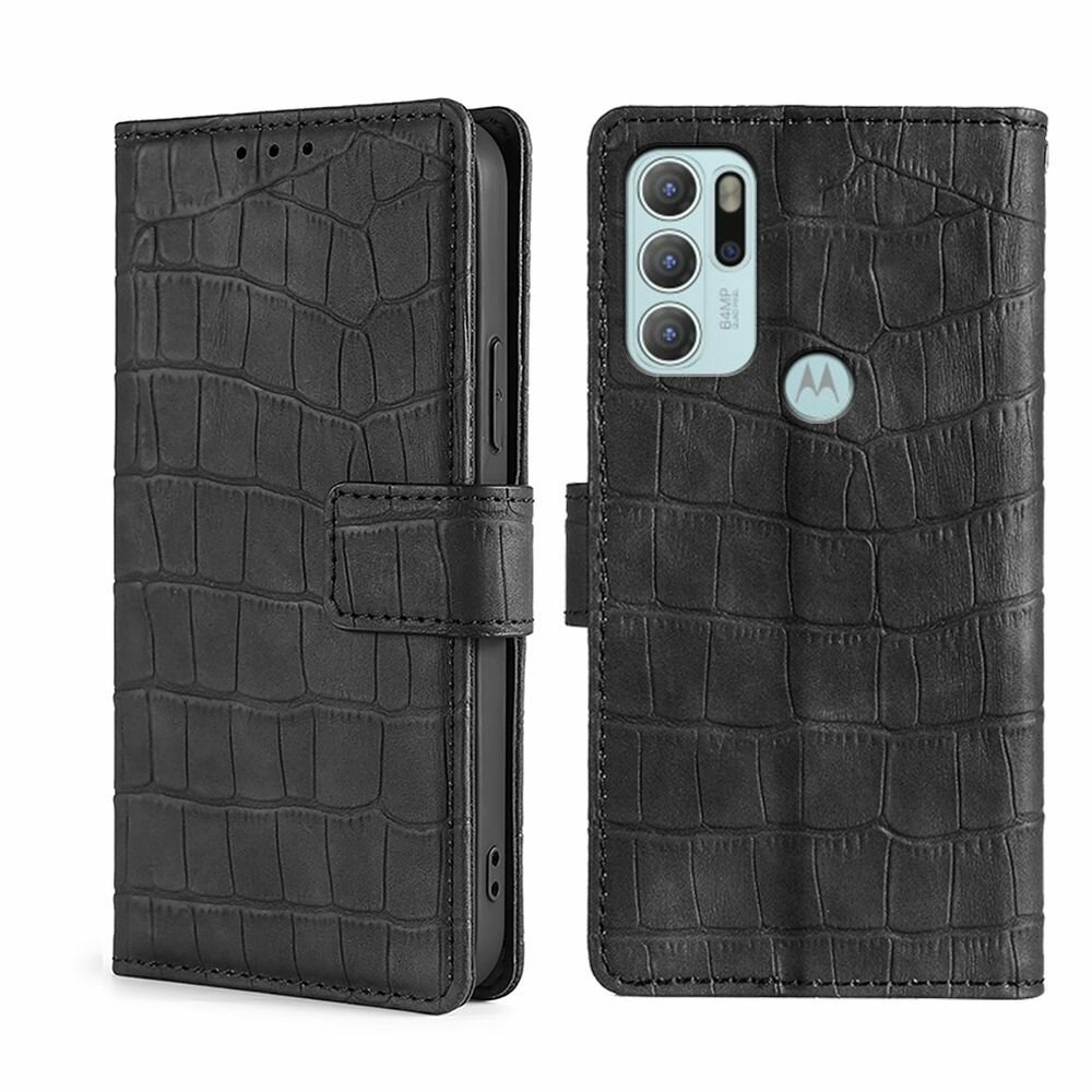 Чехол-книжка MyPads для Motorola Moto G60S / Моторола Мото G60S черный крокодиловая кожа