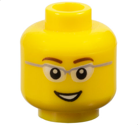 Minifigure, Head Reddish Brown Eyebrows, Glasses with Light Bluish Gray Frame and White Lenses, Open Mouth Smile with Teeth Pattern, 3626pb0331 Yellow U