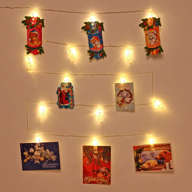 Светодиодная гирлянда Прищепки 4 м, 20 теплых белых ламп, прозрачный ПВХ, IP20, Serpantin, 183-0095