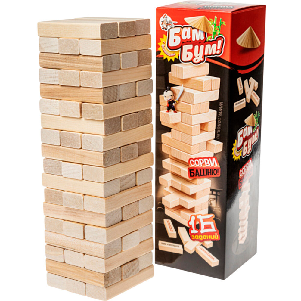 Игра Джанга Бум-бум Падающая башня с фантами, 16 заданий, 54 деревянных бруска, для детей от 7 лет