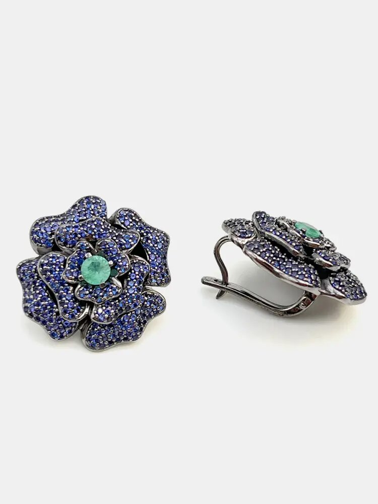 Серьги, серебро, 925 проба, чернение, изумруд, сапфир синтетический