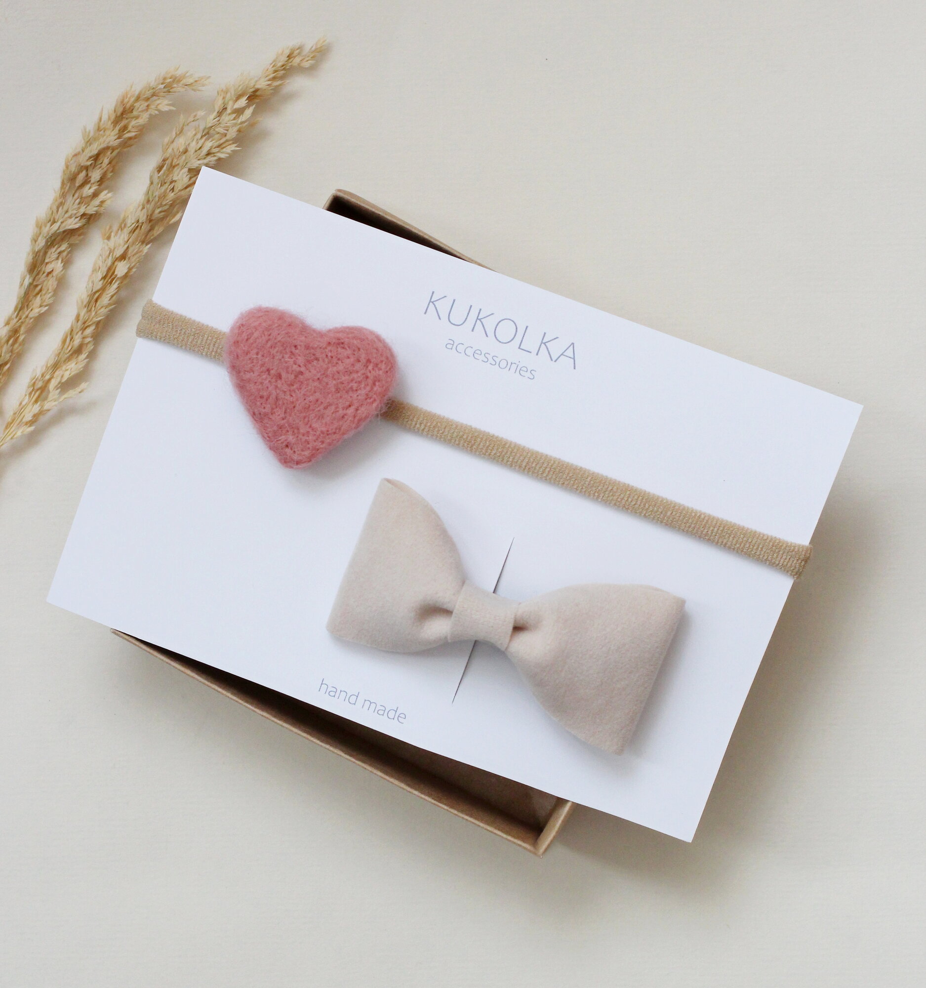 Повязка на голову детская для новорожденных, повязка на голову детская, ручная работа от "KUKOLKA accessories", розовый, бежевый, 2 шт.