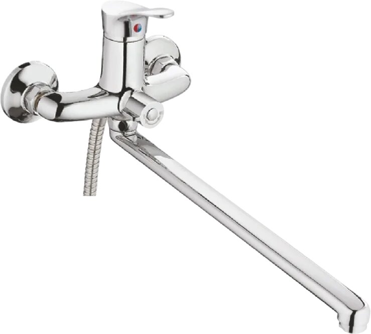 Смеситель с длинным изливом для ванны Cron CN14 CN2214 с душевым гарнитуром, поворотный, металлический, хром, глянцевый, смеситель для ванны с душем, рычажный, с настенным держателем