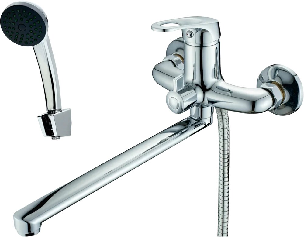 Смеситель с длинным изливом для ванны D-lin 410-8 D146410-8 с душевым гарнитуром, поворотный, металлический, хром, глянцевый, смеситель для ванны с душем, рычажный, с настенным держателем