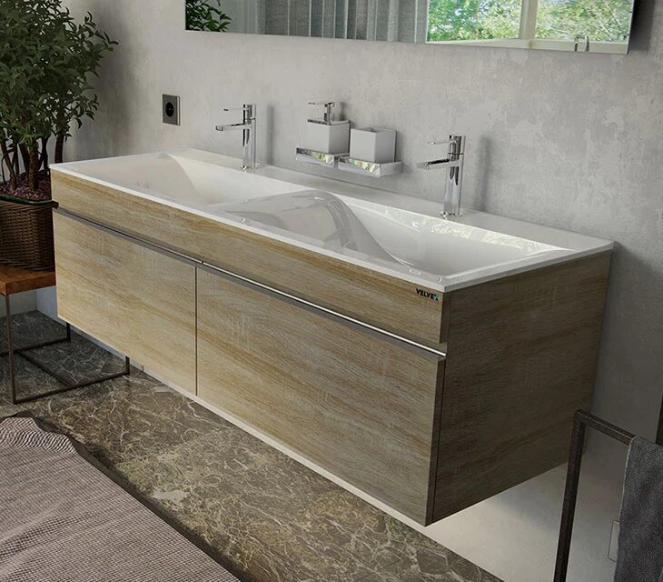 Тумба под раковину без столешницы Velvex Pulsus 140 подвесная, светлое дерево, глянцевая, из МДФ, тумба для ванной, с ящиками, с доводчиками, лофт