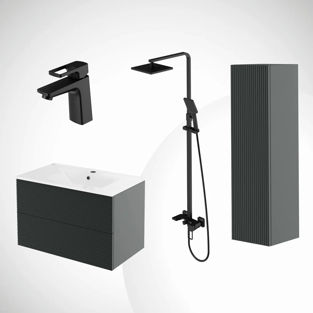 Комплект IDDIS 5в1: тумба подвесная с умывальником Bild 80 см / пенал Bild подвесной / душевая система, смеситель для умывальника