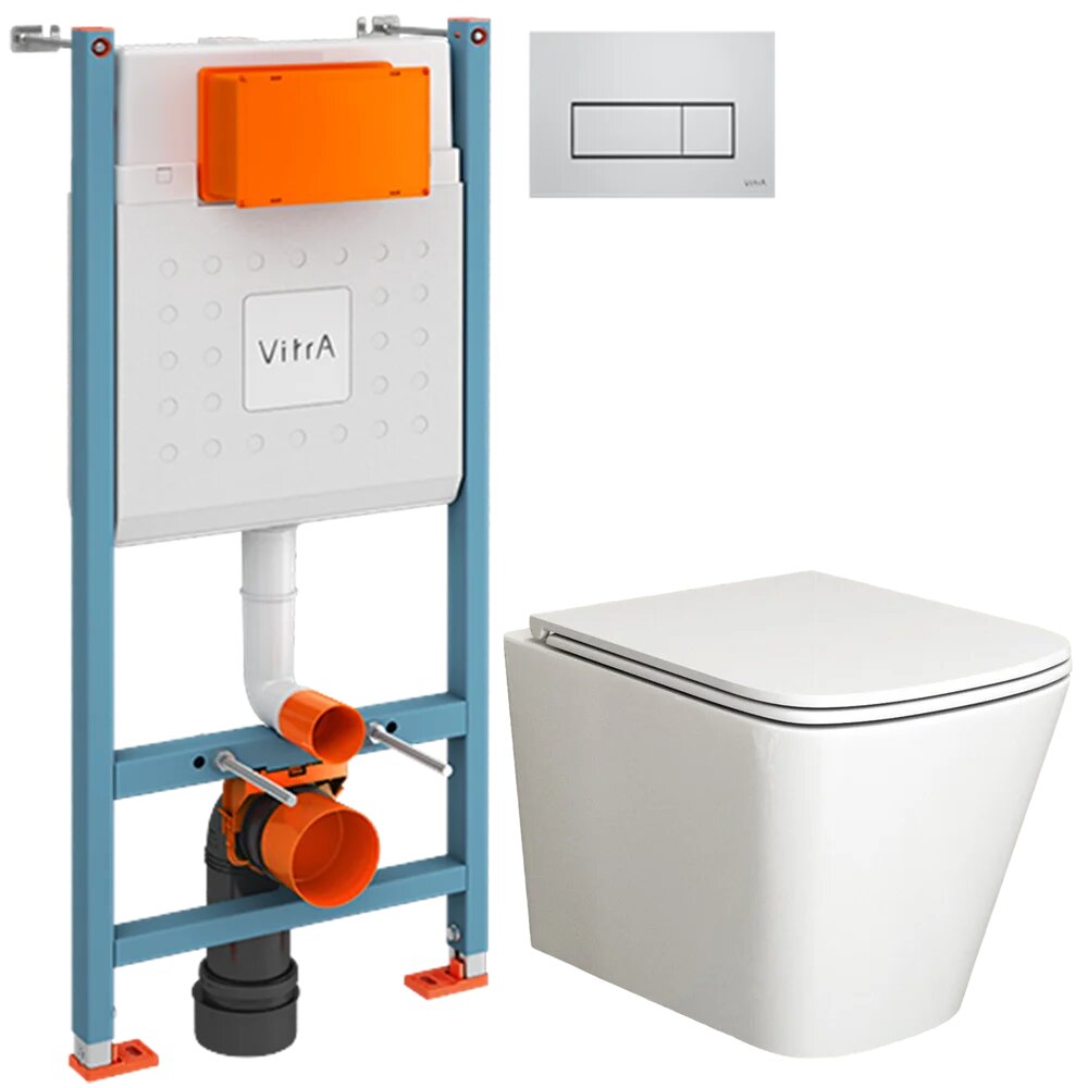 Комплект 2 в 1 Унитаз подвесной Bauedge Stil BS0002 с микролифтом, безободковый, глянцевый белый / Инсталляция с кнопкой VitrA V-Fix Core 738-5800-01 цвет хром глянец