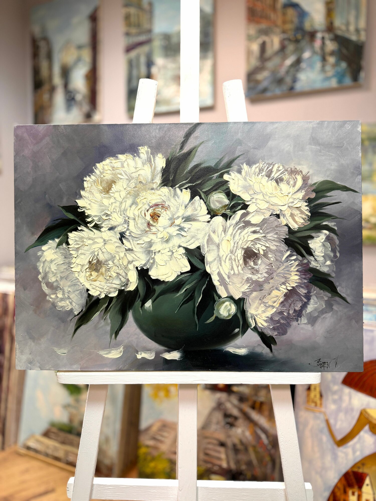 Картина маслом интерьерная белые Пионы 50х70 см. Художественная мастерская Грёзы.