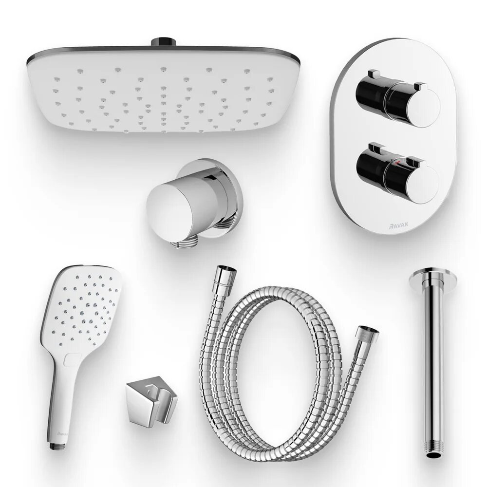 Душевой комплект Термостат Ravak Chrome CR 063.00, С внутренней частью для ванны с душем / Гарнитур 907.00 / Подключение 701.00, Душ ABS 983.10, Кронштейн 703.00