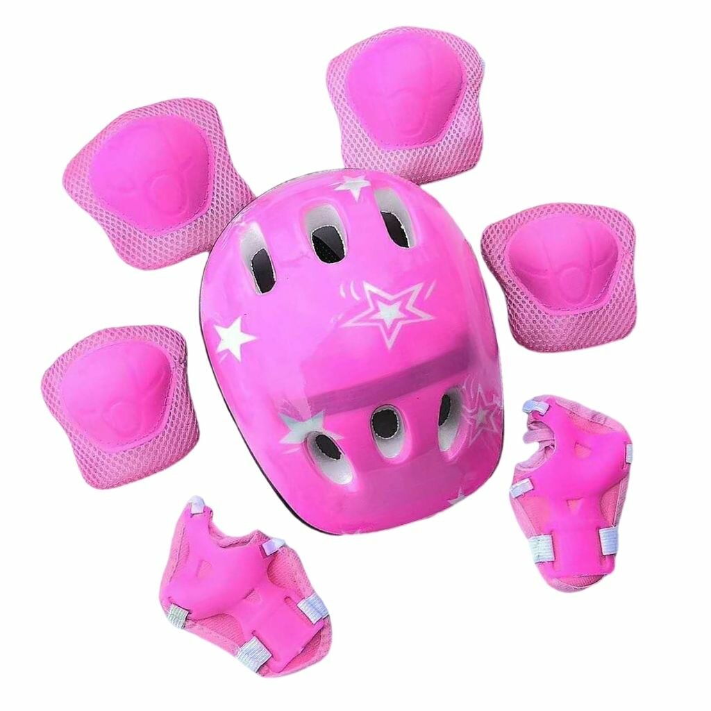 (1 комплект из 7 предметов) Детский защитный шлем для катания на роликовых коньках-розовый
