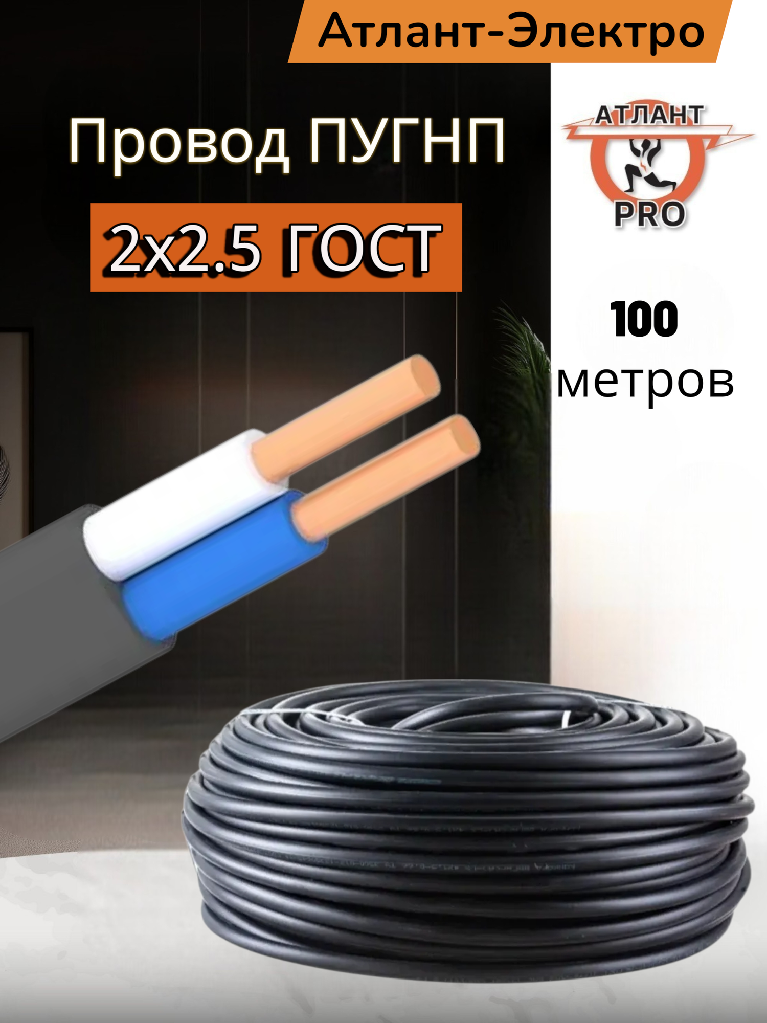 Провод Атлант Электро ПУГНП, медный, 2x2.5 мм², ГОСТ, негорючий