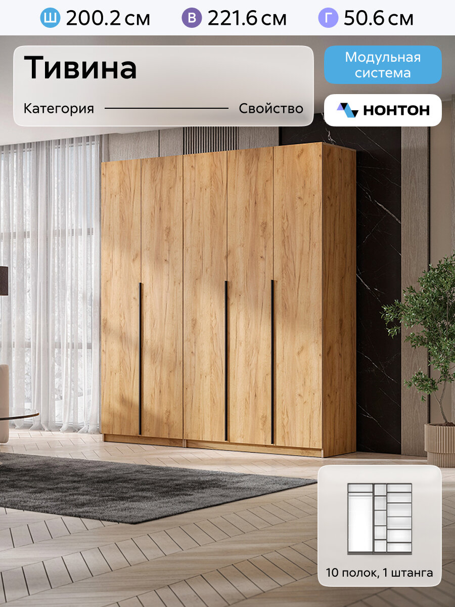 Комплект распашных шкафов для одежды Нонтон Тивина, 2 шт, 200 см, 10 полок и 1 штанга, дуб золотой