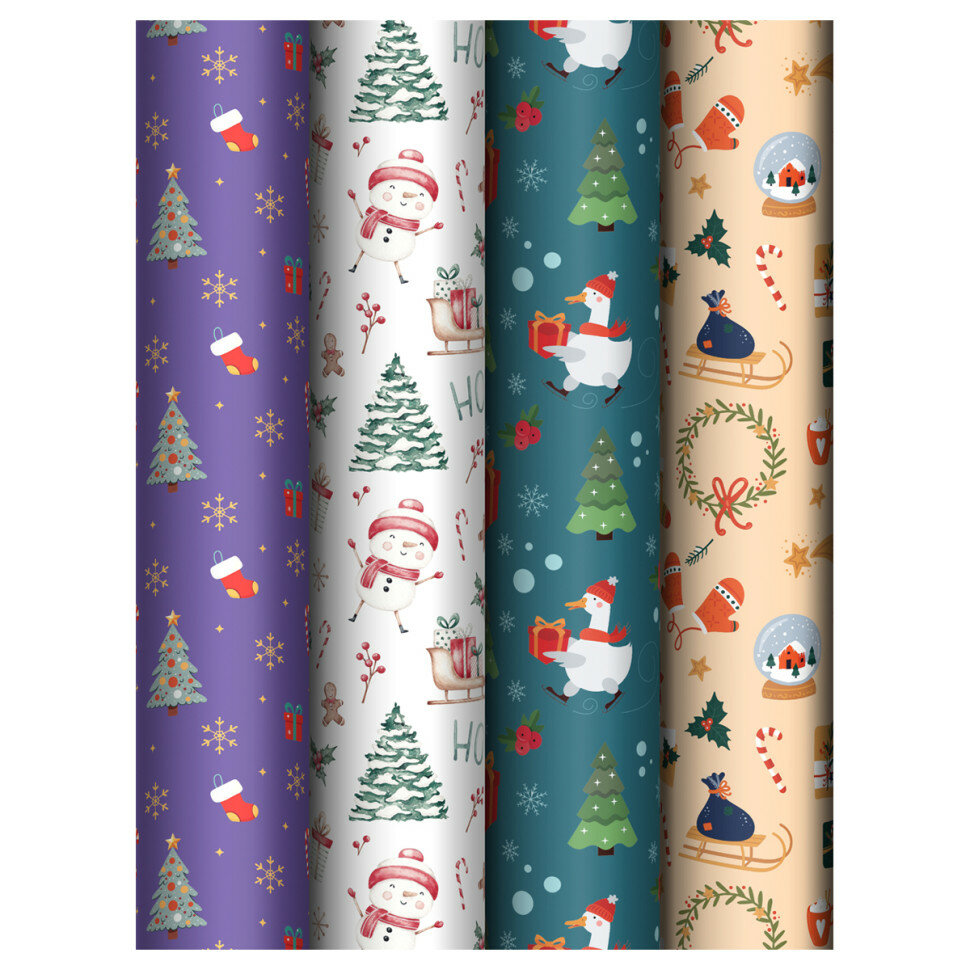 Упаковочная бумага глянц. 70*100см, MESHU "Christmas present", 80г/м2, ассорти 4 дизайна, 383295