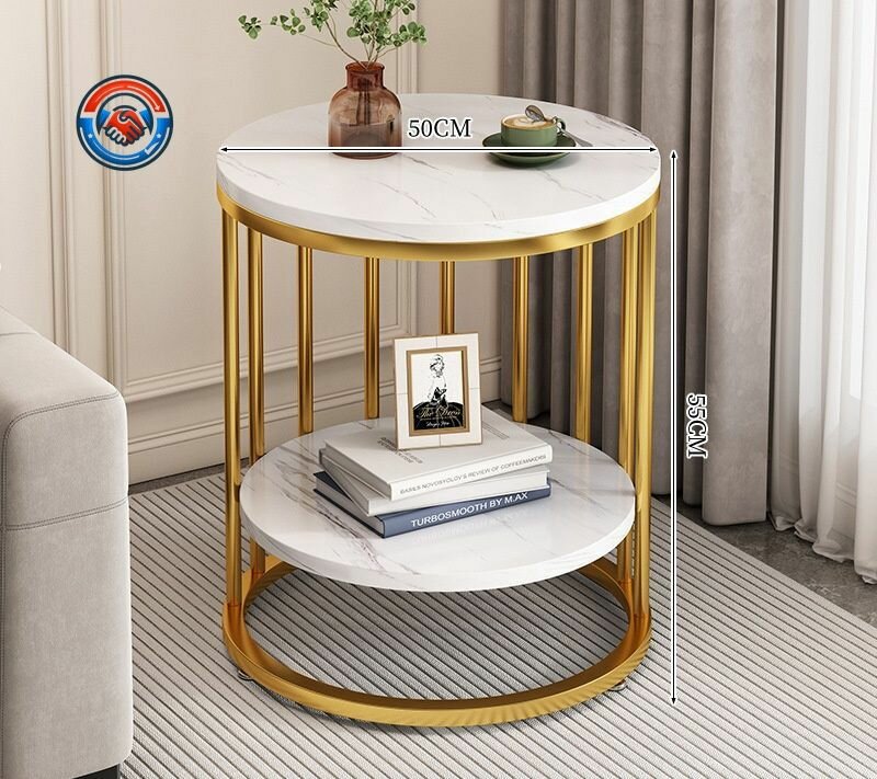 Тумба прикроватная и офисная, белый мрамор + металлический каркас, круглая столешница с местом для хранения, многофункциональная тумба 55x50x50 см
