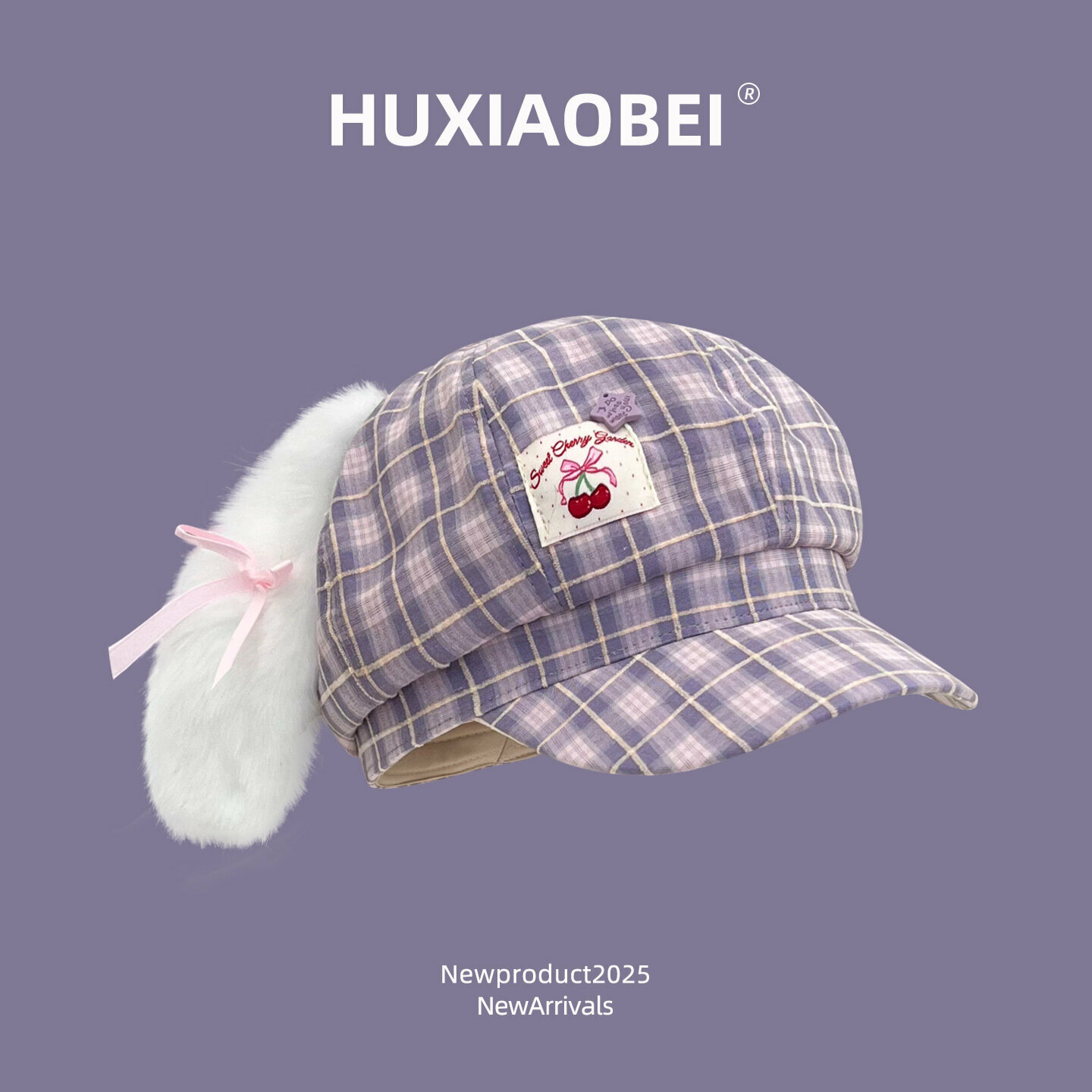 Новая милая плюшевая восьмиугольная шляпа в клетку с бантиком и заячьими ушками для женщин, универсальный весенне-летний солнцезащитный берет для путешествий, трендовый тренд