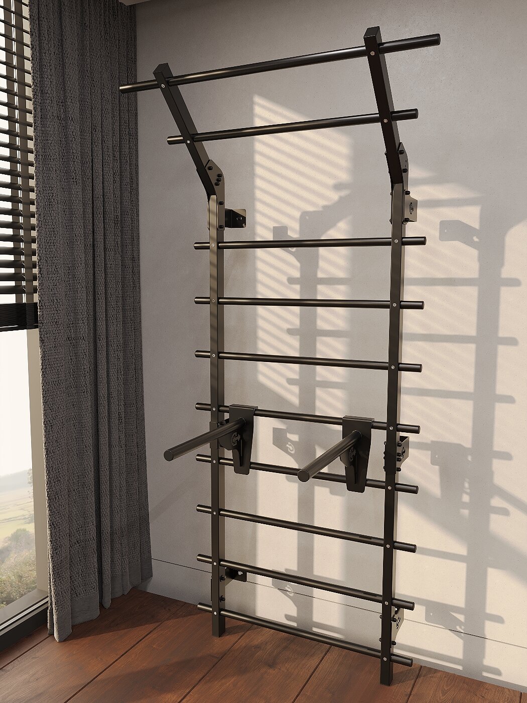 Профессиональная шведская стенка с брусьями и турником Domsen Fitness Ds58 BLACK, для всей семьи, детская и взрослая