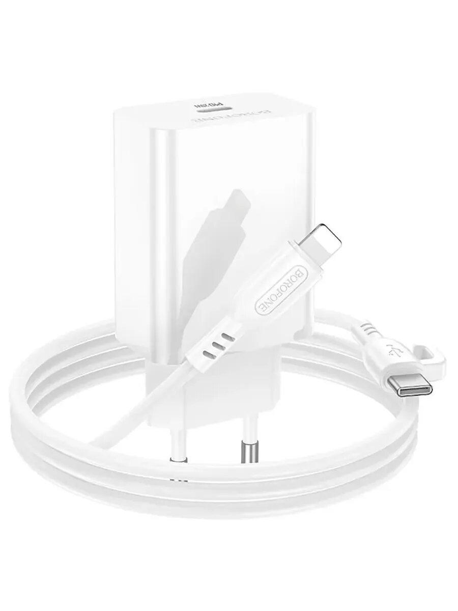 Сетевое зарядное устройство Borofone BA21A Pro, PD20W + кабель Type-C/Lightning, цвет белый (быстрая зарядка для iPhone 5-14)