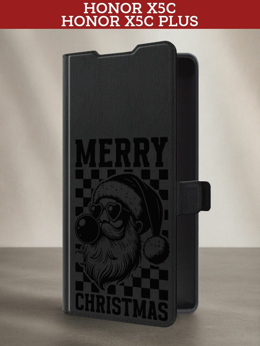 Чехол-книжка на Honor X5c/X5c Plus / Хонор X5c/X5c Плюс с принтом Крутой санта, черный