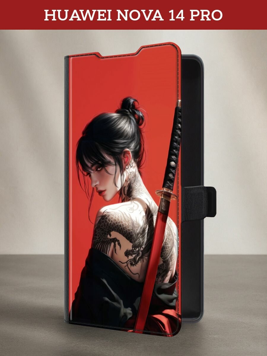 Чехол-книжка на Huawei Nova 14 Pro / Хуавей Нова 14 Про с принтом Девушка самурай с катаной, черный