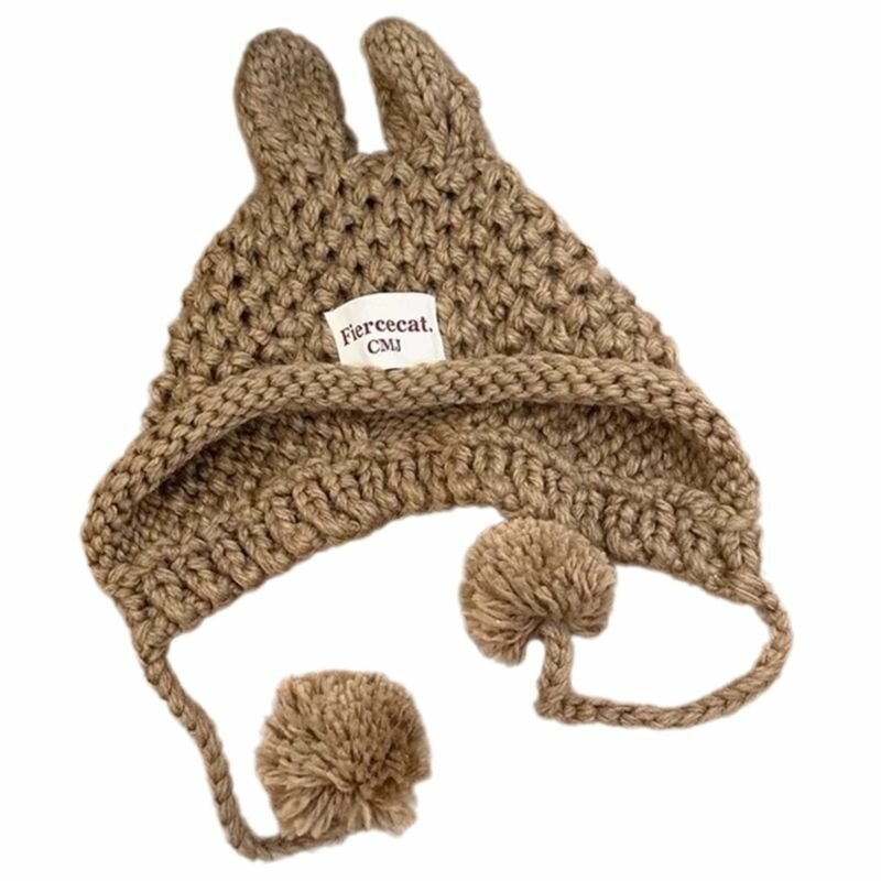 Шерстяная шапка ручной работы с милыми кроличьими ушками-Хаки