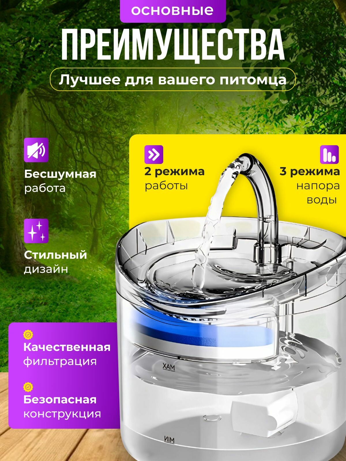 Фонтан для кошек, автопоилка с фильтром, поилка для кошек фонтан, бесцветная, 1.8 л.