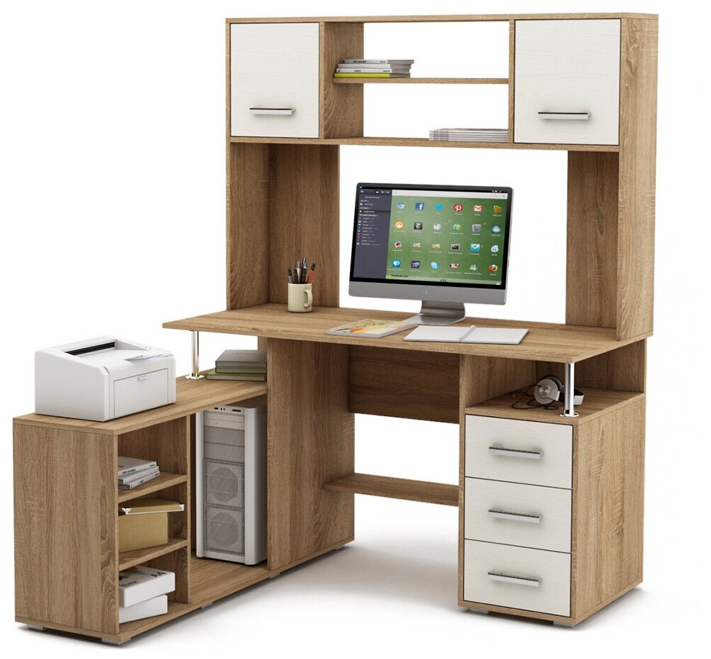 Компьютерный стол "Амбер (Реал) 23", угловой, отделение для ПК, полка для принтера