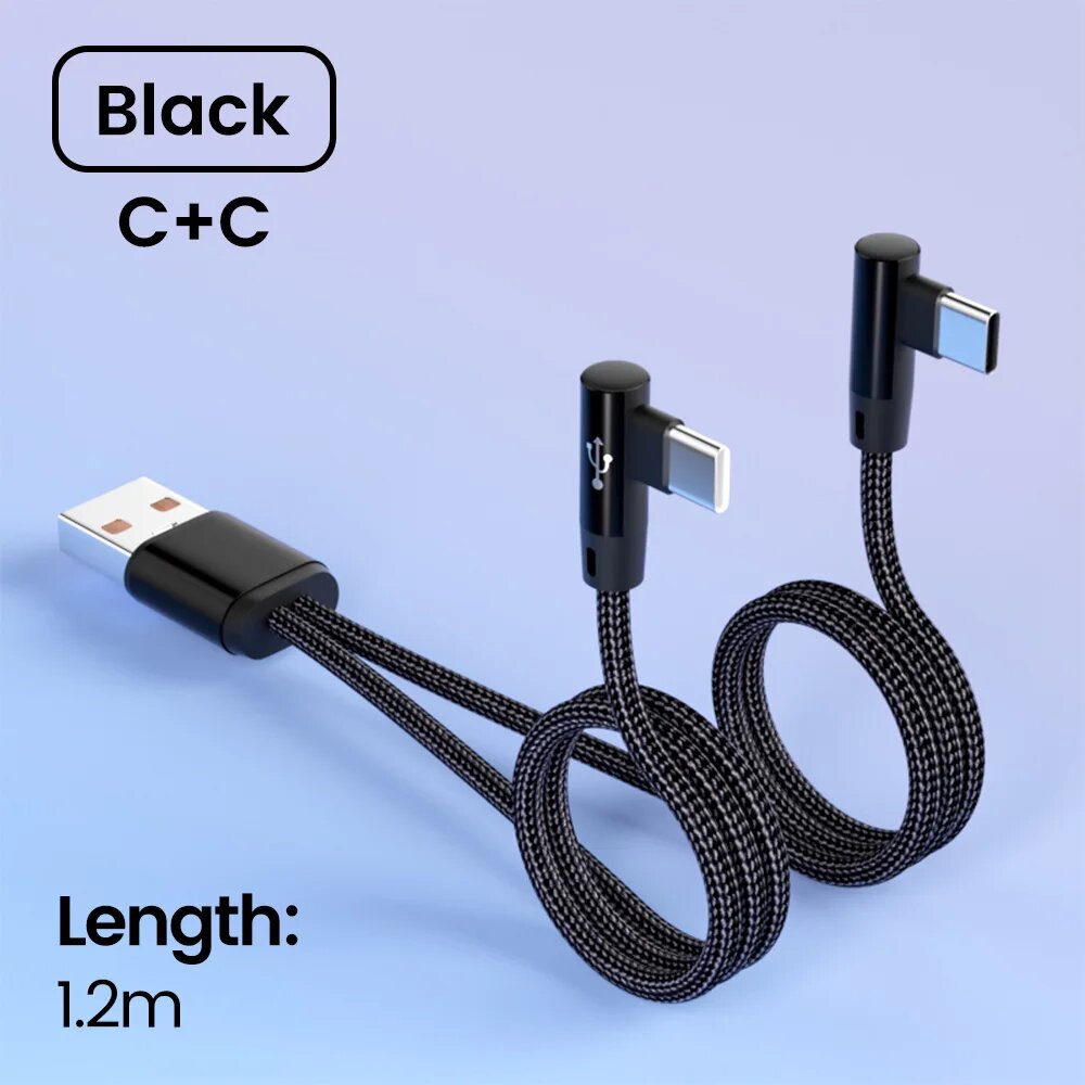 66 Вт 2 в 1 USB A к двойному кабелю типа C для быстрой зарядки 90 ° Черный, 1.2M Dual C Black
