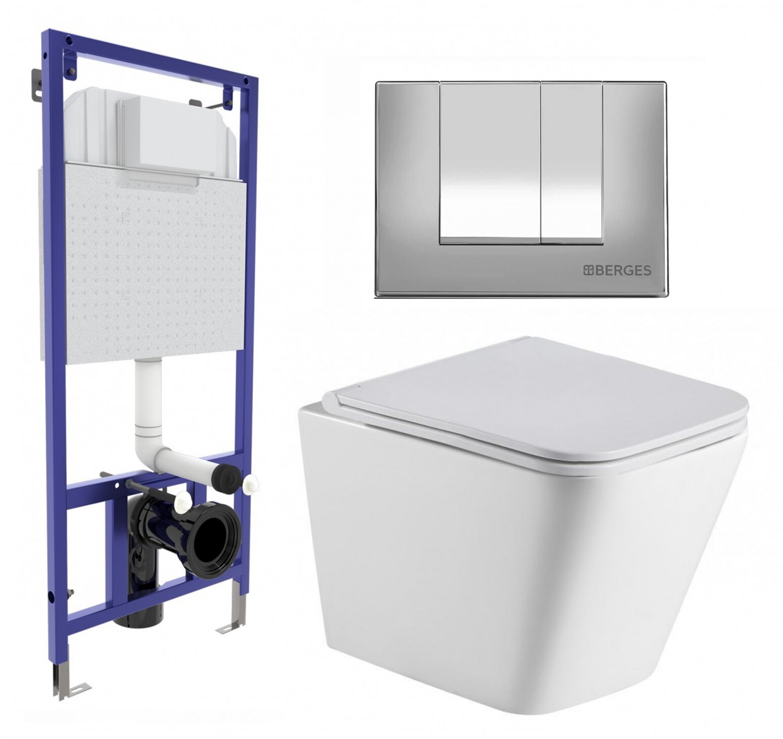 Комплект 3 в 1 инсталляция Berges Wasserhaus Novum 040242 + Подвесной унитаз WeltWasser Gelbach 043 GL-WT + кнопка хром матовая